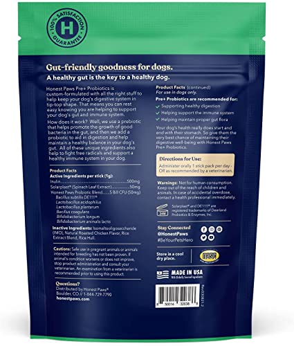 Honest Paws Probiotics for Dogs Made in USA - Dog Probiotic Powder with Prebiotic for Healthy Gut, Digestive and Immune Support - Digestive Enzymes with Chicken Flavor (30 Sticks)