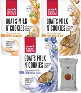 aurora pet variety pack (3) the honest kitchen goat’s milk n’ cookies slow baked dog treats (1) blueberries & vanilla (1) peanut butter & honey (1) pumpkin flavor (8-oz each) with aurorapet wipes