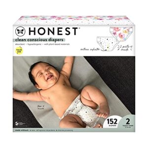 the honest company clean conscious diapers | plant-based, sustainable | young at heart + rose blossom | super club box, size 2 (12-18 lbs), 152 count