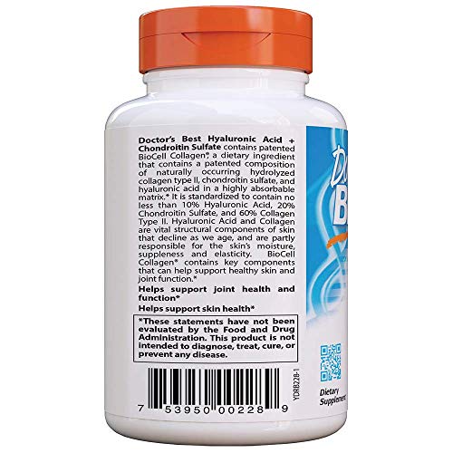 Doctor's Best Hyaluronic Acid with Chondroitin Sulfate, Featuring BioCell Collagen, Non-GMO, Gluten Free, Soy Free, Joint Support, 180 Count (Pack of 1)