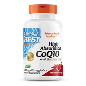 doctor’s best high absorption coq10 with bioperine, non-gmo, gluten & soy free, naturally fermented, vegan, heart health and energy production, 200 mg, 180 count