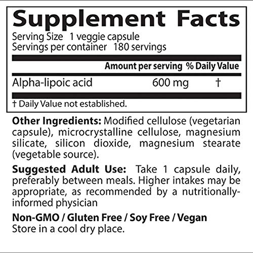 Doctor's Best Alpha-Lipoic Acid, Non-GMO, Gluten Free, Vegan, Soy Free, Helps Maintain Blood Sugar Levels, 600 mg 180 Veggie Caps