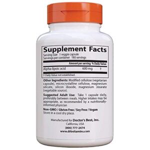 Doctor's Best Alpha-Lipoic Acid, Non-GMO, Gluten Free, Vegan, Soy Free, Helps Maintain Blood Sugar Levels, 600 mg 180 Veggie Caps