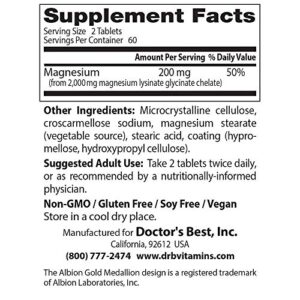 Doctor's Best High Absorption Magnesium Glycinate Lysinate, 100% Chelated, TRACCS, Not Buffered, Non-GMO, Vegan, Gluten & Soy Free, 100 mg, 120 Tablets (Packaging May Vary)