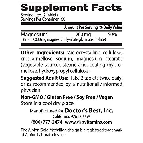 Doctor's Best High Absorption Magnesium Glycinate Lysinate, 100% Chelated, TRACCS, Not Buffered, Non-GMO, Vegan, Gluten & Soy Free, 100 mg, 120 Tablets (Packaging May Vary)