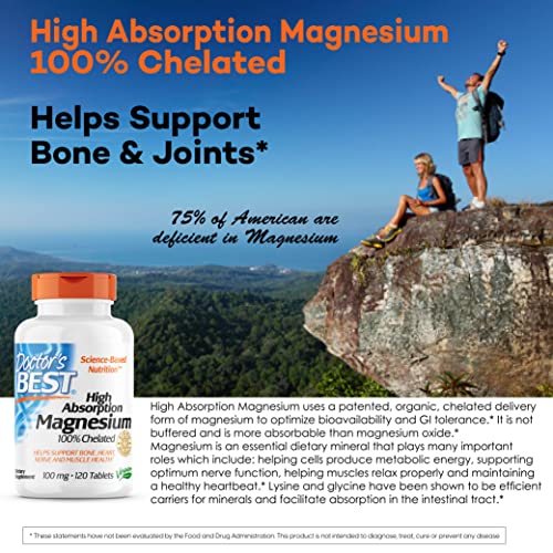 Doctor's Best High Absorption Magnesium Glycinate Lysinate, 100% Chelated, TRACCS, Not Buffered, Non-GMO, Vegan, Gluten & Soy Free, 100 mg, 120 Tablets (Packaging May Vary)