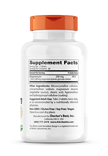 Doctor's Best High Absorption Magnesium Glycinate Lysinate, 100% Chelated, TRACCS, Not Buffered, Non-GMO, Vegan, Gluten & Soy Free, 100 mg, 120 Tablets (Packaging May Vary)