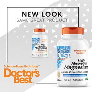 Doctor's Best High Absorption Magnesium Glycinate Lysinate, 100% Chelated, TRACCS, Not Buffered, Non-GMO, Vegan, Gluten & Soy Free, 100 mg, 120 Tablets (Packaging May Vary)