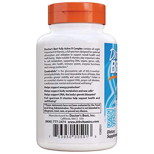 Doctor's Best, Fully Active B Complex Supports Energy Nervous System Optimal Health Positive Mood Wellbeing NonGMO Gluten Free Vegan Soy Free, 60 Count