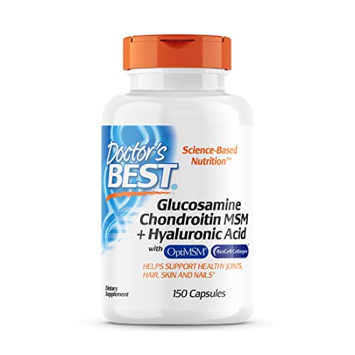 Doctor's Best Glucosamine Chondroitin MSM + Hyaluronic Acid with OptiMSM Featuring Biocell Collagen, Joint Support, Non-GMO, Gluten & Soy Free, 150 Caps