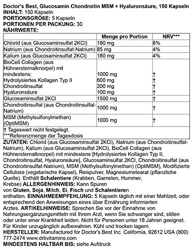 Doctor's Best Glucosamine Chondroitin MSM + Hyaluronic Acid with OptiMSM Featuring Biocell Collagen, Joint Support, Non-GMO, Gluten & Soy Free, 150 Caps