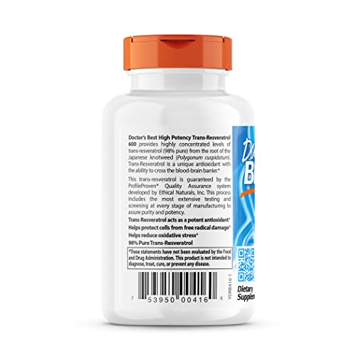 Doctor's Best Trans-Resveratrol 600, Non-GMO, Vegan, Gluten Free, Soy Free, 600 mg, 60 Veggie Caps (DRB-00416)