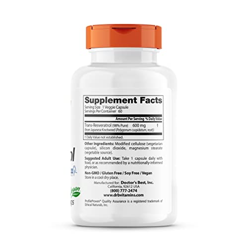 Doctor's Best Trans-Resveratrol 600, Non-GMO, Vegan, Gluten Free, Soy Free, 600 mg, 60 Veggie Caps (DRB-00416)