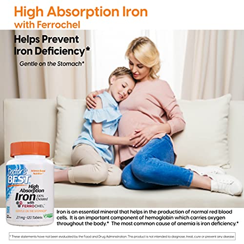 Doctor's Best High Absorption Iron with Ferrochel, Gentle on The Stomach, Immune Health, Blood Health, 27 mg