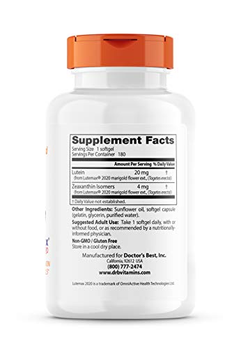 Doctor's Best Lutein Featuring Lutemax, Non-GMO, Gluten Free, Eye Health, 20 mg, 180 Softgels