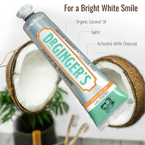 Dr. Ginger's Coconut Oil Toothpaste with White Activated Charcoal, All-Natural Whitening Brightening Power, Enamel-Safe, Reduces Plaque & Gum Sensitivity, Fluoride-Free, Coconut Mint Flavor, 4oz, 2ct