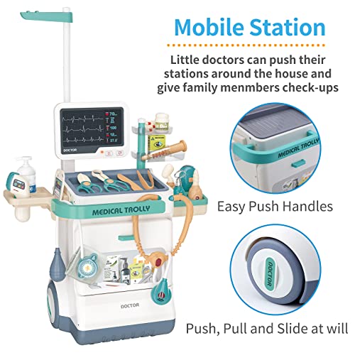 Deejoy Toy Doctor Kit for Kids, Pretend Medical Station Set for Boys & Girls, 28 Accessories Mobile Cart with Lights and Thermometer, Kids Doctor Kit for Toddlers 3-5 Years Old