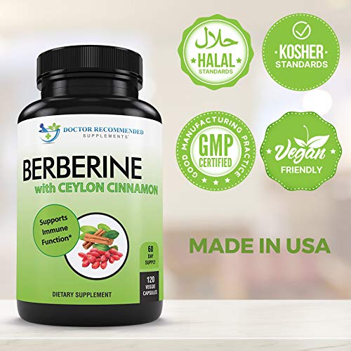 DOCTOR RECOMMENDED SUPPLEMENTS Berberine with Ceylon Cinnamon - 1200mg Berberine & 100mg Organic Ceylon Cinnamon - 120 Veggie Capsules, Healthy Immune System & Gastrointestinal Wellness