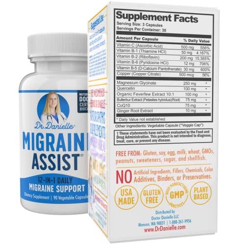 Best Migraine Relief Product with Magnesium - Migraine Assist Supplement with Quercetin, Feverfew, Butterbur, CoQ10 from Dr. Danielle, 90 Capsules