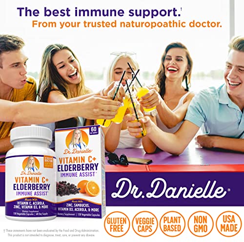 Best 7 in 1 Immune Support Booster Supplement with Elderberry Sambucus, Vitamin C, Zinc, Organic Elderberry - Dr. Danielle, 120 Capsules