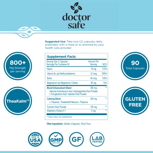 DOCTOR SAFE Calm - Stress Relief Supplement to Promote Mind and Body Relaxation for a Natural Calm, L-theanine and TheaKalm for Occasional Anxiousness & Stress - 45-Day Month Supply