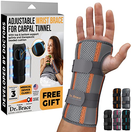 DR. BRACE Adjustable Wrist Brace Night Support for Carpal Tunnel, Doctor Developed, Upgraded with Double Splint & Therapeutic Cushion,Hand Brace for Pain Relief,Injuries,Sprains (S/M Right Hand, Grey-Orange)