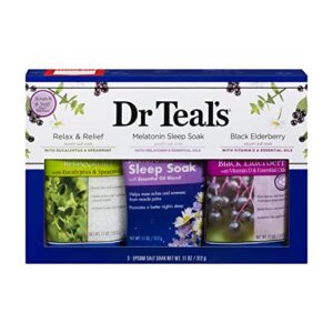 dr. teal’s pure epsom salt trio mothers day gift set (three 14oz bags) – relax & relief, melatonin soak, & black elderberry – give the gift of relaxation – soothe aches with at home spa kit