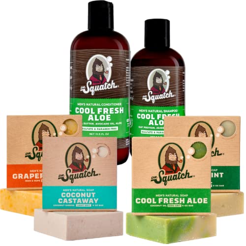 Dr. Squatch Men's Bar Soap and Hair Care BEACH Expanded Pack: Men's Natural Bar Soap: Coconut Castaway, Cool Fresh Aloe Shampoo and Conditioner Set, Cool Fresh Aloe, Grapefruit IPA, Spearmint Basil