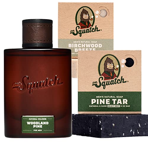 Dr. Squatch Men's Cologne and Natural Bar Soap - Woodland Pine Natural Cologne and Pine Tar and Birchwood Breeze Men's Bar Soap - Smell rugged, woodsy, and strong - Natural Cologne for men