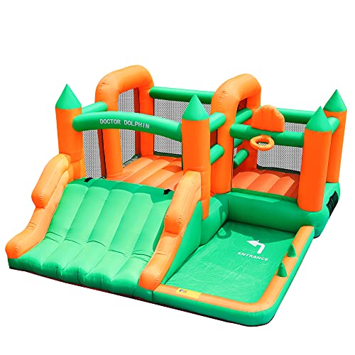 Doctor Dolphin Ball Pit Toddler Bounce House Inflatable Jump and Slide Bouncer Nature Green Bouncy House with Blower for Kids 2-12