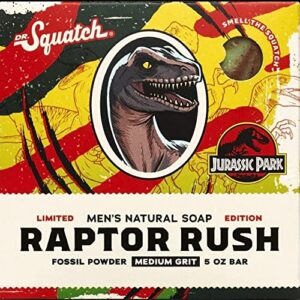 dr. squatch all natural bar soap for men with medium grit, raptor rush jurassic park