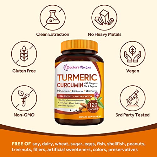 Doctor's Recipes Turmeric Curcumin Softgel, Turmeric with Ginger, 400mg, 95 Percent Concentrated Curcumin, 5% Gingerols, Joint Health, Black Pepper, Kosher Friendly, 120 Softgels