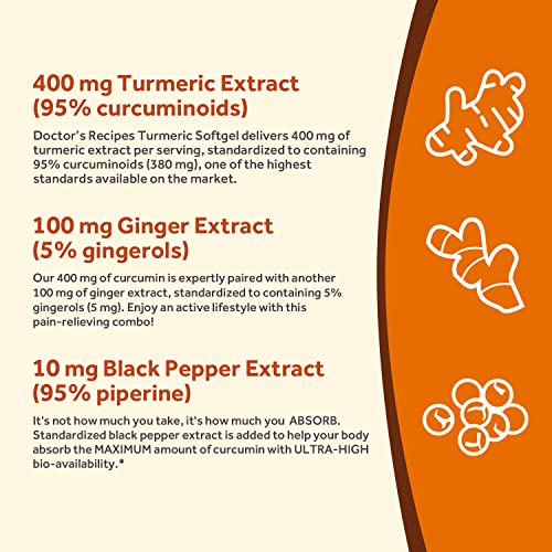 Doctor's Recipes Turmeric Curcumin Softgel, Turmeric with Ginger, 400mg, 95 Percent Concentrated Curcumin, 5% Gingerols, Joint Health, Black Pepper, Kosher Friendly, 120 Softgels