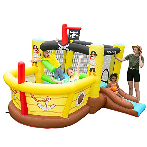 Doctor Dolphin Bounce House Inflatable Slide with Obstacles - Blower - Pirate Ship Theme - Ball Pit - Basketball Hoop, Inflatable Bouncers for Toddlers Kids 2 - 12 Outdoor or Indoor