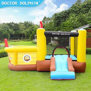 Doctor Dolphin Bounce House Inflatable Slide with Obstacles - Blower - Pirate Ship Theme - Ball Pit - Basketball Hoop, Inflatable Bouncers for Toddlers Kids 2 - 12 Outdoor or Indoor