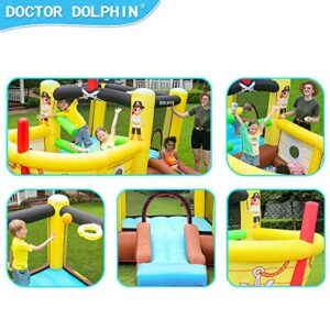 Doctor Dolphin Bounce House Inflatable Slide with Obstacles - Blower - Pirate Ship Theme - Ball Pit - Basketball Hoop, Inflatable Bouncers for Toddlers Kids 2 - 12 Outdoor or Indoor