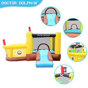 Doctor Dolphin Bounce House Inflatable Slide with Obstacles - Blower - Pirate Ship Theme - Ball Pit - Basketball Hoop, Inflatable Bouncers for Toddlers Kids 2 - 12 Outdoor or Indoor