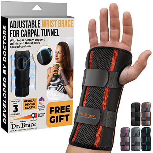 DR. BRACE Adjustable Wrist Brace Night Support for Carpal Tunnel, Doctor Developed, Upgraded with Double Splint & Therapeutic Cushion,Hand Brace for Pain Relief,Injuries,Sprains (L/XL Right Hand, Black-Orange)