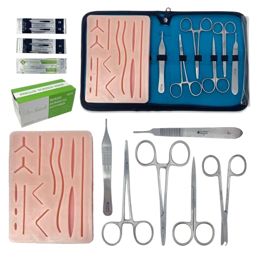 Dr.Stitch Suture Practice Kit for Medical Students - Suture Kit Includes Tool Kit, Large Silicone Suture Pad with Pre-Cut Wounds, and Mixed Suture Threads with Needles (43PC Practice Kit)