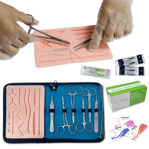 Dr.Stitch Suture Practice Kit for Medical Students - Suture Kit Includes Tool Kit, Large Silicone Suture Pad with Pre-Cut Wounds, and Mixed Suture Threads with Needles (43PC Practice Kit)