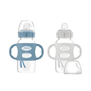 dr. brown’s® milestones™ wide-neck sippy bottle with 100% silicone handles, easy-grip bottle with soft sippy spout, 9oz/270ml, bpa free, light-blue & gray, 2 pack, 6m+