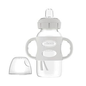 Dr. Brown’s® Milestones™ Wide-Neck Sippy Bottle with 100% Silicone Handles, Easy-Grip Bottle with Soft Sippy Spout, 9oz/270mL, BPA Free, Light-Blue & Gray, 2 Pack, 6m+