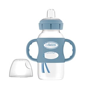 Dr. Brown’s® Milestones™ Wide-Neck Sippy Bottle with 100% Silicone Handles, Easy-Grip Bottle with Soft Sippy Spout, 9oz/270mL, BPA Free, Light-Blue & Gray, 2 Pack, 6m+