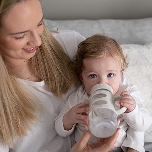 Dr. Brown’s® Milestones™ Wide-Neck Sippy Bottle with 100% Silicone Handles, Easy-Grip Bottle with Soft Sippy Spout, 9oz/270mL, BPA Free, Light-Blue & Gray, 2 Pack, 6m+