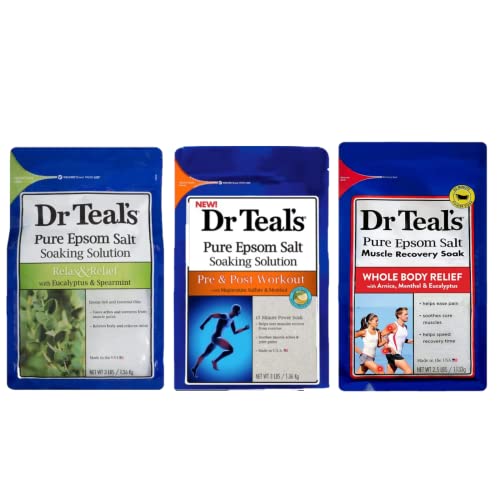 Dr. Teal's Pure Epsom Salt Soak Pain Relief Mothers Day Gift Set (3 Pack, 8.5lbs Total) - (3lb) Relax & Relief Eucalyptus with Spearmint, (3lb) Pre & Post Workout with Menthol, (2.5lb) Muscle Recovery