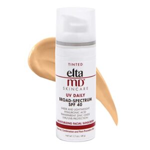 eltamd uv daily spf 40 tinted sunscreen moisturizer face lotion, tinted sunscreen with hyaluronic acid, broad spectrum hydrating sunscreen, non greasy, sheer, mineral-based, 1.7 ounce