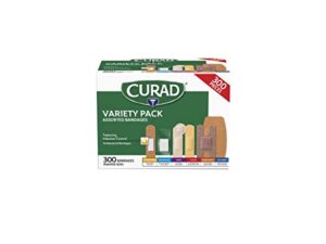 curad assorted bandages variety pack 300 pieces, including antibacterial, heavy duty, fabric, and waterproof bandages