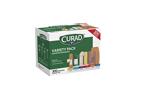 Curad Assorted Bandages Variety Pack 300 Pieces, Including Antibacterial, Heavy Duty, Fabric, and Waterproof Bandages