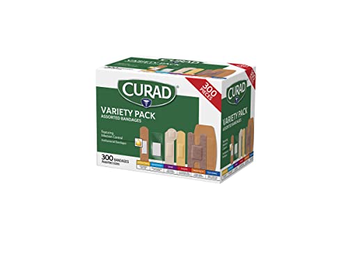 Curad Assorted Bandages Variety Pack 300 Pieces, Including Antibacterial, Heavy Duty, Fabric, and Waterproof Bandages