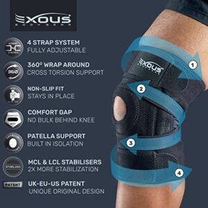 EXOUS BODYGEAR Knee Brace Meniscus Tear Support Fits Women, Men For Arthritis Acl, Mcl Pain Patented 4-way Adjustable NonSlip Wraparound Strap Dual Side Stabilizer For Patella Stability Size [medium]